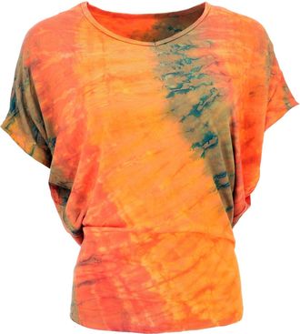Guru Shop Batikshirt mit Fledermaus&auml;rmeln, Lockeres Batikoberteil, T-Shirt - Orange, Damen, Synthetisch