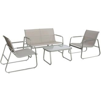 Sweeek Salon de jardin kaki NOTO acier. 4 places. un canap&eacute;. une table. deux fauteuils textilene