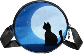 Generic Petit sac &agrave; bandouli&egrave;re rond pour femme, motif chat clair de lune avec fermeture &eacute;clair, bretelles r&eacute;glables, sac &agrave; main rond d&eacute;contract&eacute; pour femmes 