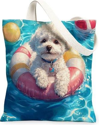 Generic Sac fourre-tout amusant en toile motif bichon fris&eacute; pour le shopping 33 x 38 cm, sac &agrave; bandouli&egrave;re r&eacute;utilisable pour femme, peinture danimaux domestiq
