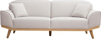 Miliboo Skandinavisches Sofa aus beigem Stoff mit Samteffekt und hellem Holz 3-Sitzer FREEMA