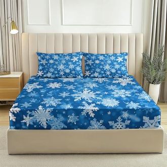 Generic Draps-Housses 140 x 190 Housse Doux et Respirant Flocons de Neige Frais de No&euml;l Parure de lit imprim&eacute;e pour Enfants et Adolescents Drap Bleu Blanc