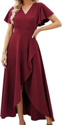MisShow Robe de Bal Femme Longue, Col V Longue de Promo Taille Empire &eacute;lastique Manches Courtes Chic et &eacute;l&eacute;gant Bourdeaux S