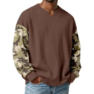 Generic Chemises &agrave; manches longues avec imprim&eacute; camouflage pour homme, d&eacute;contract&eacute;, &eacute;l&eacute;gant, col en V, en coton, coupe ample, caf&eacute;, XXL