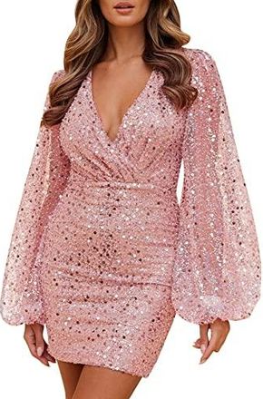 Generico Robe Soiree,Robe Sexy à Paillettes pour Femmes Wrap Col en V Ruché Moulante Bretelles Spaghetti Cocktail Party Night Club Robes Robe Noire Classique R