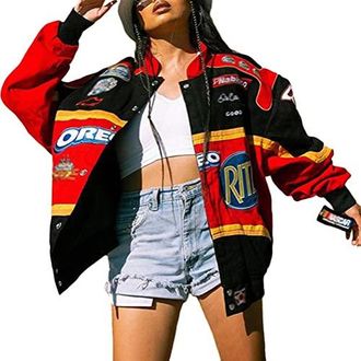 Onsoyours Blouson Bomber Femme Manches Longues Vintage Veste Bomber Casual Zipper Jacket College Poches Coupe-Vent Baseball Blouson Sweat Veste N1 Rouge XXL