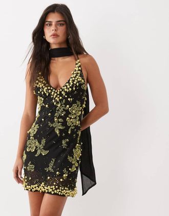 Asos Minikleid mit Blumenmuster, Verzierungen, V-Ausschnitt und Schal-Multi