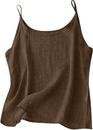 Minetom Débardeur Femme Coton Et Lin Col Rond Sangle Spaghetti Ete Hauts sans Manche Bretelles Camisole Top A1 Marron XL
