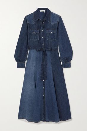Chlo&eacute; Midikleid Aus Denim Aus Einer Baumwoll-leinenmischung Mit Bindeg&uuml;rtel In Patchwork-optik - Blau