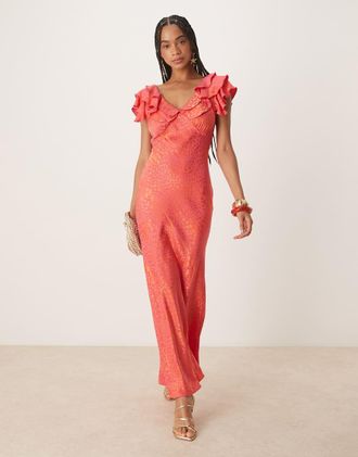 Never Fully Dressed Maxikleid in Rosa mit Jacquard-Animal-Print und R&uuml;schen&auml;rmeln