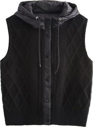 Generic Gilet matelass&eacute; &agrave; capuche en tricot l&eacute;ger sans manches pour femme, Noir, S
