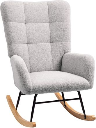 HOMCOM Fauteuil &agrave; bascule - HOMCOM - en tissu effet laine boucl&eacute;e - pieds en bois massif dh&eacute;v&eacute;a - pour chambre, salon - gris