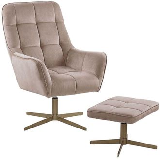 Beliani Beliani - Sessel mit Hocker Beige Samt Gesteppt Drehbar mit Goldenem Metallgestell Armlehnen Modern Wohnzimmer Fernsehsessel Drehsessel