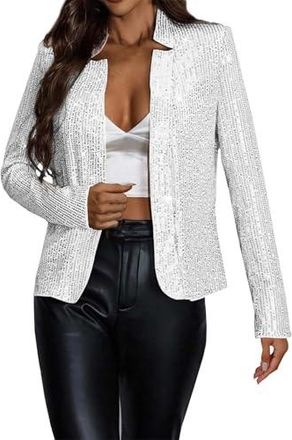 Generic Cardigan &agrave; paillettes pour femme, haut de f&ecirc;te pour femme, couleur unie, tunique brillante, cardigan d&eacute;contract&eacute; ouvert sur le devant, manteaux &agrave; col 