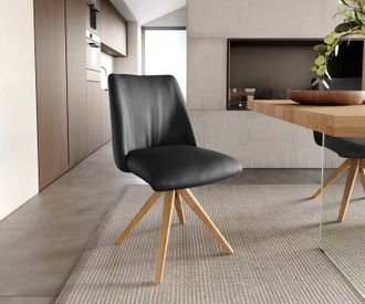 DELIFE Drehstuhl Elso-Flex Echt-Leder Schwarz Holzgestell kantig Natur 180&deg; drehbar Taschenfederkern, Esszimmerst&uuml;hle