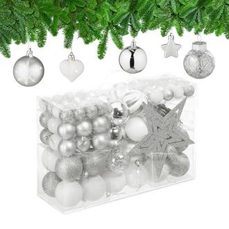 Relaxdays Weihnachtskugeln 101er Set, Kunststoff, Weihnachtsbaumdeko mit Kugeln & Spitze, Christbaumschmuck, Silber/wei&szlig;