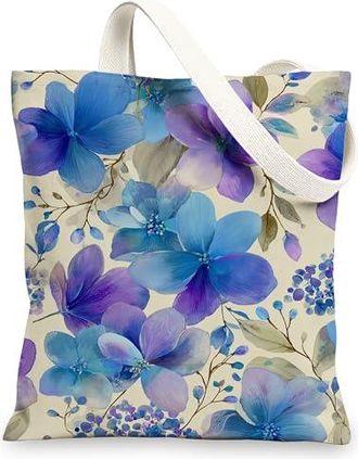 Generic Sacs fourre-tout en toile florale, sacs dépicerie réutilisables, vintage légers et lavables avec bandoulière en toile B, bleu, 13x15 Inch