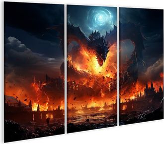 Islandburner Wandbild Drache speit Feuer über der Stadt Fantasy Feuerdrache auf Leinwand Bilder Bild Poster