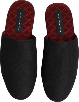 Dolce & Gabbana Mens Black Wool Cashmere Red Quilted Slippers Shoes