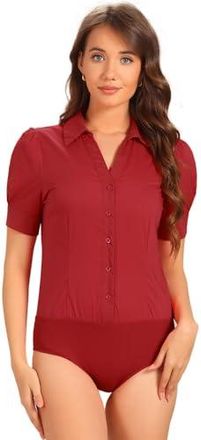 Allegra K Chemisier Body Femme de Bureau boutonné Bodysuit Une pièce à Manches Courtes Body Chemise de Travail Rouge XL