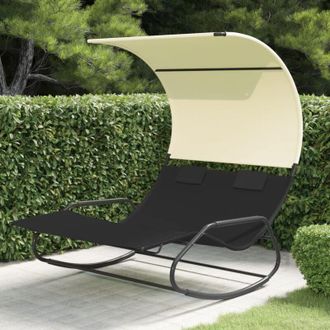 vidaXL Vidaxl - Chaise longue double &agrave; bascule avec auvent Noir et cr&egrave;me