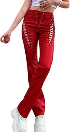 ORANDESIGNE Femme Pantalons en Simili Cuir Pantalon Droit Taille Haute Style Y2K Vintage Pantalon &agrave; Jambes Larges B Rouge XL