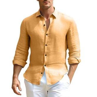 Generic Chemise formelle en lin &agrave; manches longues pour homme - Chemise boutonn&eacute;e en lin - Coupe ajust&eacute;e - Style d&eacute;contract&eacute; - Blanc - Col en V - T-shirt pour 