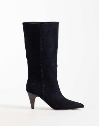 Asos Calliope - Kniehohe Stiefel in Schwarz mit Absatz und &Uuml;berwendlingsstich
