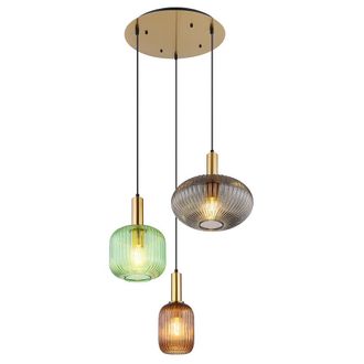 Globo Lighting Pendelleuchte Retro messing Hängelampe Esstisch Glas Pendelleuchte Glas 3 Flammig, rauch grün coffee, Alu Metall, 3x E27 Fassungen, DxH 55x130 cm