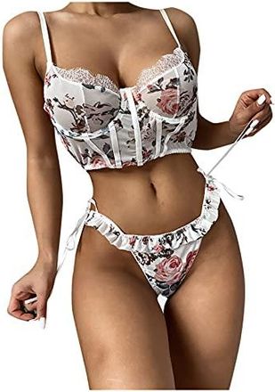 Generic Ensemble sous Vetement Femme Ensemble Lingerie Confortable Classique Nuisette Sexy avec Anneaux M&eacute;talliques - Dentelle Fine Et Jarretelles Tendance