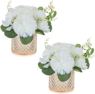 Nuptio Bouquet de Fleurs Artificielles Vase: 2 Pi&egrave;ces Petit Blanc Fausses Fleurs Verre Vases pour Interieur Maison Bureau - Faux Decoratif Rose Soie Centre d