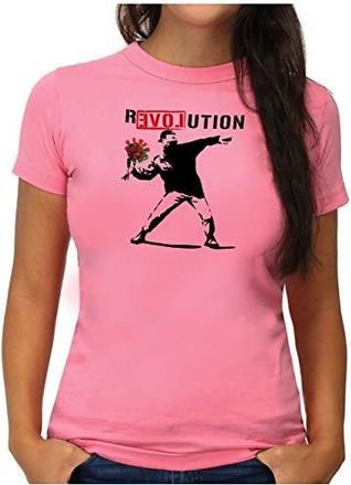 OM3 Love Stencil Banksy T-shirt pour femme R-Love-UTION Urban Street Art R&eacute;volution Taille S XXL, Rose ( 1404), L