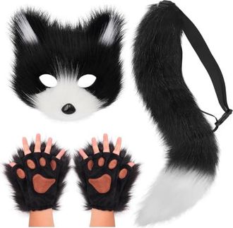 Dreshow Queue de Renard en Fausse Fourrure Masque en peluche Chat Loup Duveteux Halloween Costume De Fête Gants à Pattes de Chat Cosplay Ensemble pour Femme