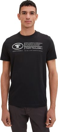 Tom Tailor Herren Basic T-Shirt mit Print aus Baumwolle, Black, M