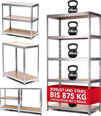 Walter Schwerlastregal mit 5 Regalböden - 175 kg Tragkraft pro Regalboden, 875 kg Gesamttragkraft, Robuster galvanisierter Stahlrahmen, Schnelle und einfache