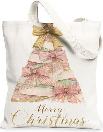 Generic Sacs fourre-tout en toile motif sapin de No&euml;l, sacs d&eacute;picerie r&eacute;utilisables, l&eacute;gers et lavables avec bandouli&egrave;re pour voyage, 33 x 38 cm