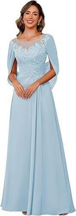 Generic Robes de mère de mariée en mousseline de soie, robes longues en mousseline de soie à manches cape en dentelle robes de soirée, bleu clair, 50