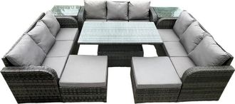 Fimous 11-Sitzer-Garten-Dining-Sets Rattan-Möbel-Lounge-Sofa-Höhenverstellbarer steigender Hubtisch mit 2-Beistelltischen 2-großer Fußhocker Dunkelgrau