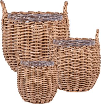 Beliani Blumenkorb Rattan braun 3er Set rund geflochten mit Folie Griffen Boho Aucuba