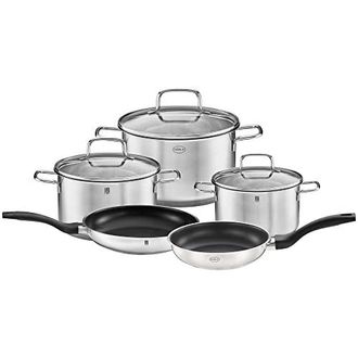 R&ouml;sle Basic Line Kit de d&eacute;marrage 5-TLG 3 casseroles universelles 2 po&ecirc;les &agrave; frire en acier inoxydable 18/10 avec couvercle en verre et bord verseur Compati