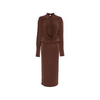 Andamane Robe midi &agrave; col pointu et d&eacute;collet&eacute; plongeant - Femme - Robes - Brun - Taille: 40 FR