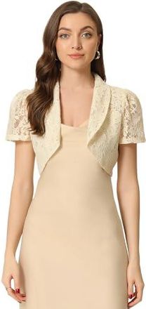 Allegra K Boléro en Dentelle Fleurie Femme Gilet Transparent Manches Courtes Col à Revers Cardigan Léger pour Robe de Cocktail Beige S