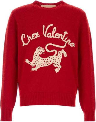 Valentino Garavani Homme, Pulls, Rouge, Taille: M Pull en laine avec broderie Chez Valentino & Panth&egrave;re