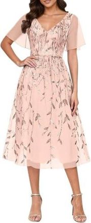 Generic Robe de soir&eacute;e formelle en tulle &agrave; paillettes pour femme Longueur th&eacute; M&egrave;re de la mari&eacute;e, rose, 46 Grande taille