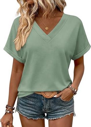Zeagoo T-shirt pour femme - Col en V - Manches courtes - &Eacute;l&eacute;gant - D&eacute;contract&eacute; - Couleur unie - Tailles S &agrave; 2XL, vert clair, XXL