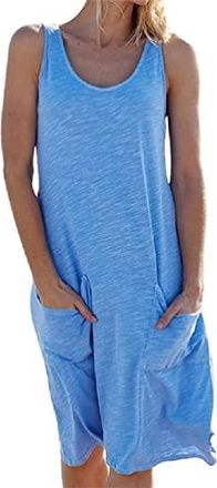 Generic Robe t-shirt midi sans manches à col rond avec poches, couleur unie, décontractée, coupe trapèze, robe débardeur pour la plage, les vacances, robe ave