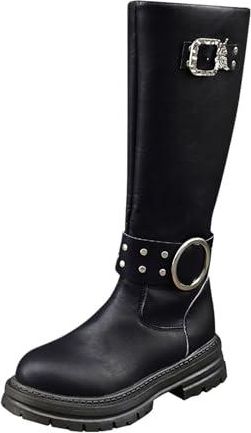 Generic Bottes montantes au genou pour femme - Large mollet - Bout rond - &Eacute;l&eacute;gantes - Couleur unie - Talon bas et &eacute;pais - Boucle - Fermeture &eacute;clair lat&eacute;rale -