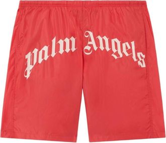 Palm Angels Homme, Maillots de bain, Rouge, Taille: XL Curved Logo Swimshorts