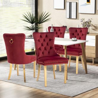Generic Samtgepolstertes, Getuftetes Esszimmerstuhl-Set Mit Nagelkopfbesatz Und Beinen Aus Massivholz - Beige (für Esszimmer, Küche, Restaurant)(Gold-Wine Red
