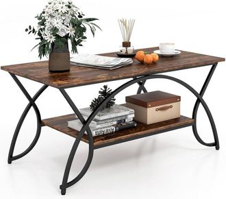 Costway Costway - Table Basse Marbre à 2 Niveaux, Table Basse Salon Rectangulaire, Cadre en Métal, Style Moderne, 100 x 50 x 45 cm (Marron Rustique)